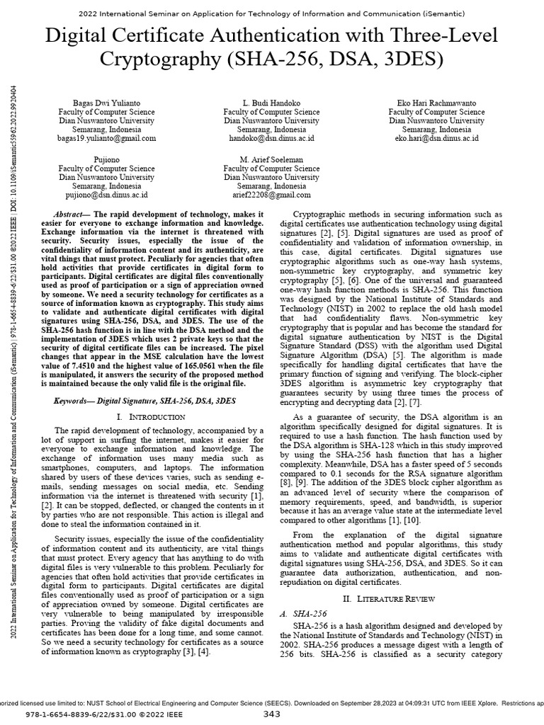 Digitalcertificateauthenticationwiththree Levelcryptographysha 256dsa3des Pdf 