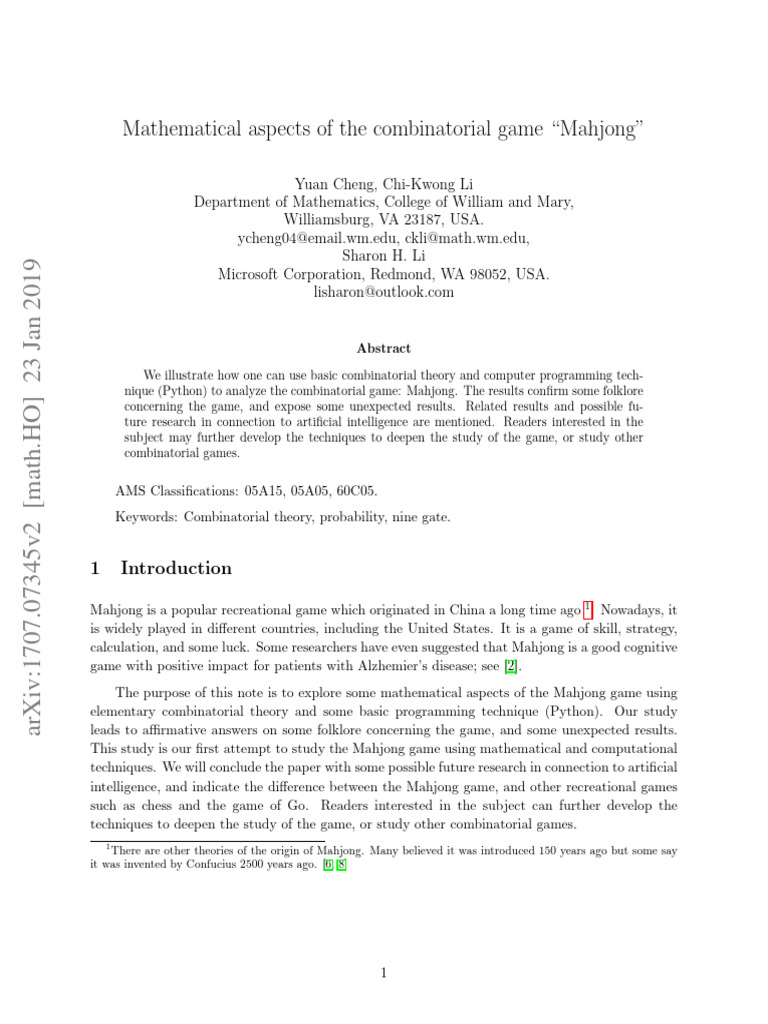Mathematical Aspect of The Combinatory Game Mahjong | PDF | Mathematics