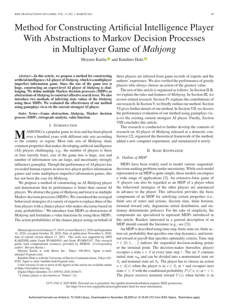 Method For Constructing Artificial Intelligence Player With Abstractions To Markov Decision ...