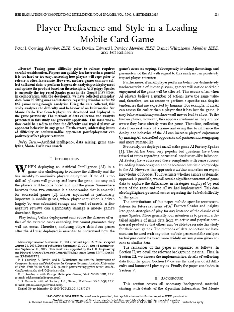 Player Preference and Style in A Leading Mobile Card Game | PDF ...