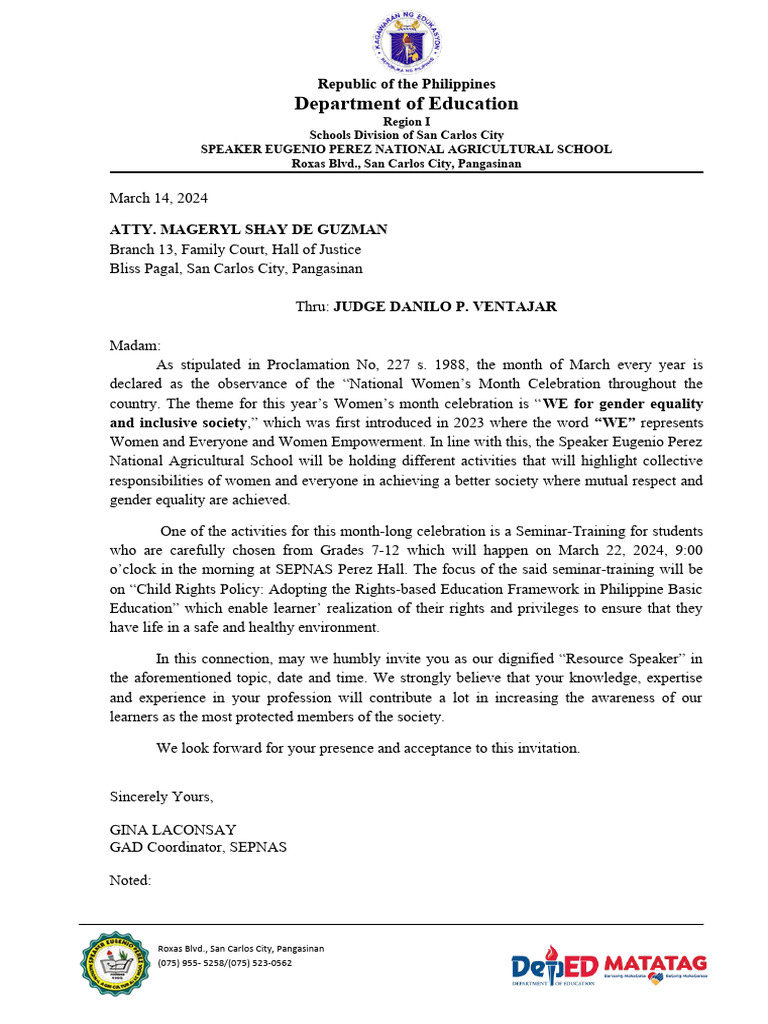 Letter of Invitation To Resource Speaker Mar 222024 | PDF | Justice ...