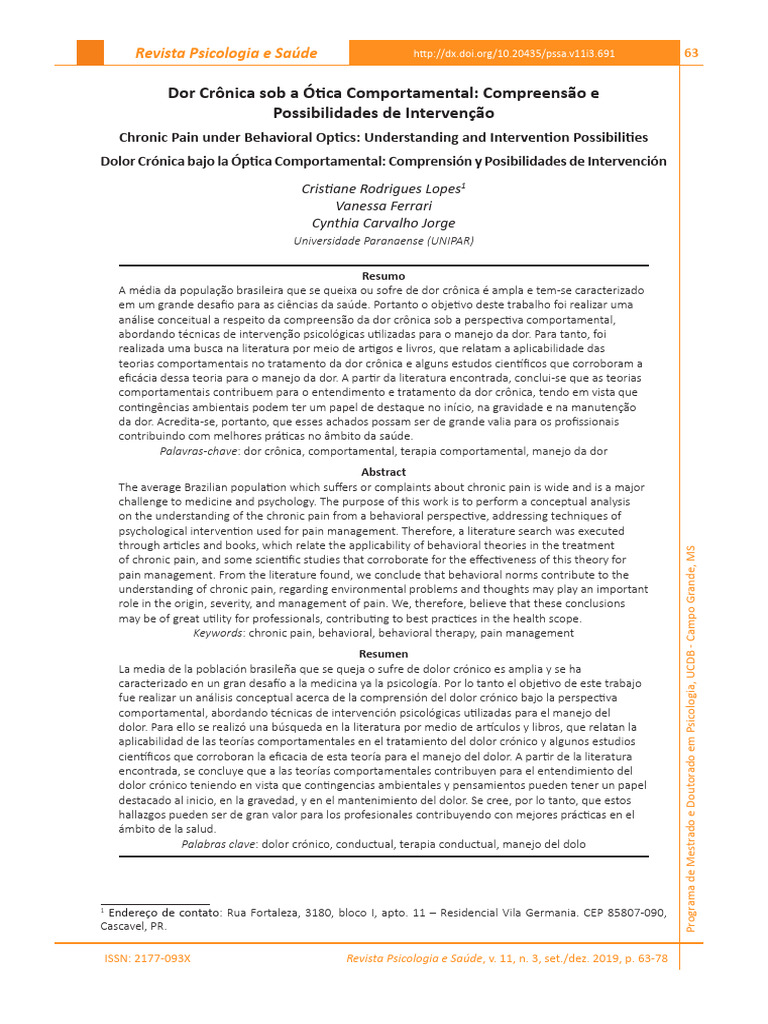 Dor Cronica Sob A Otica Comportamental Compreensao | PDF | Dor ... Dor Cronica Sob A Otica Comportamental Compreensao | PDF | Dor ...