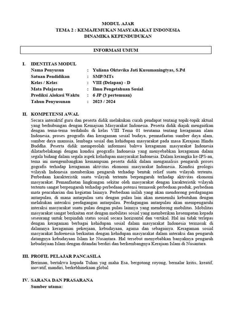 Modul Ajar IPS K-VIII TEMA 2 SMP | PDF
