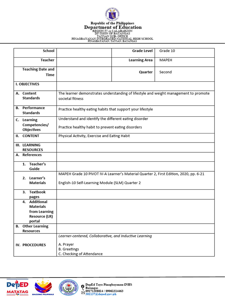 Sample Lesson Plan in Mapeh | PDF | Eating Disorder | Cognition