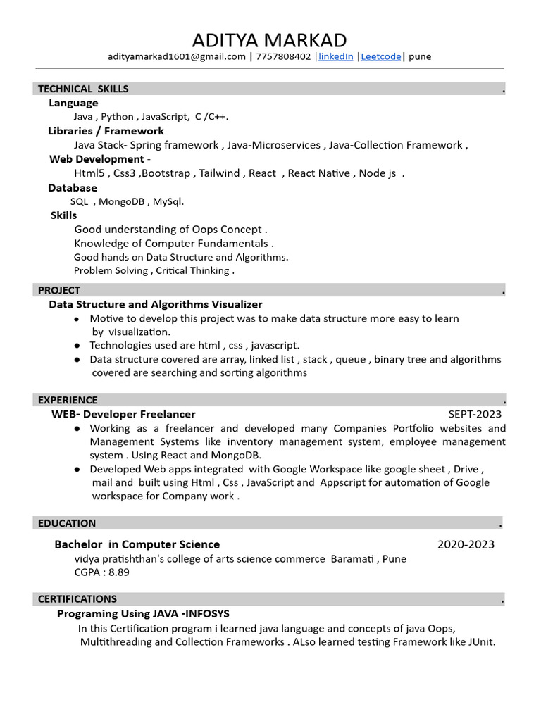 Aditya Markad - Resume | PDF | Java Script | Computer Programming