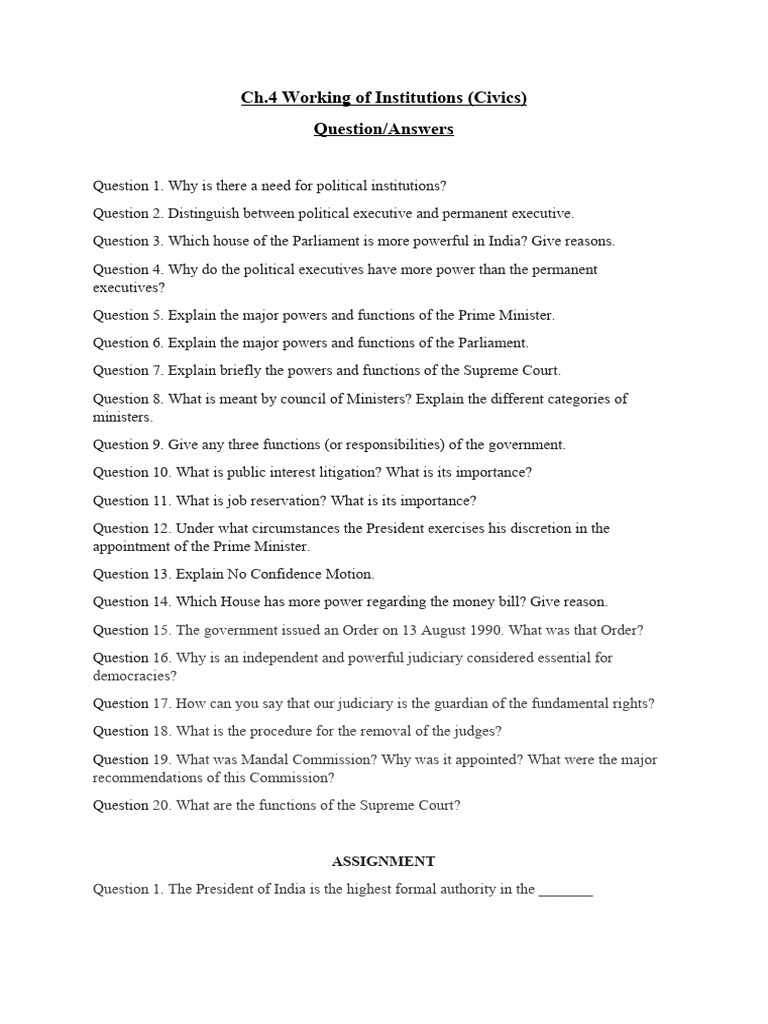 Ch.4 Civics QA and Assignment | PDF | Government Of India | Government