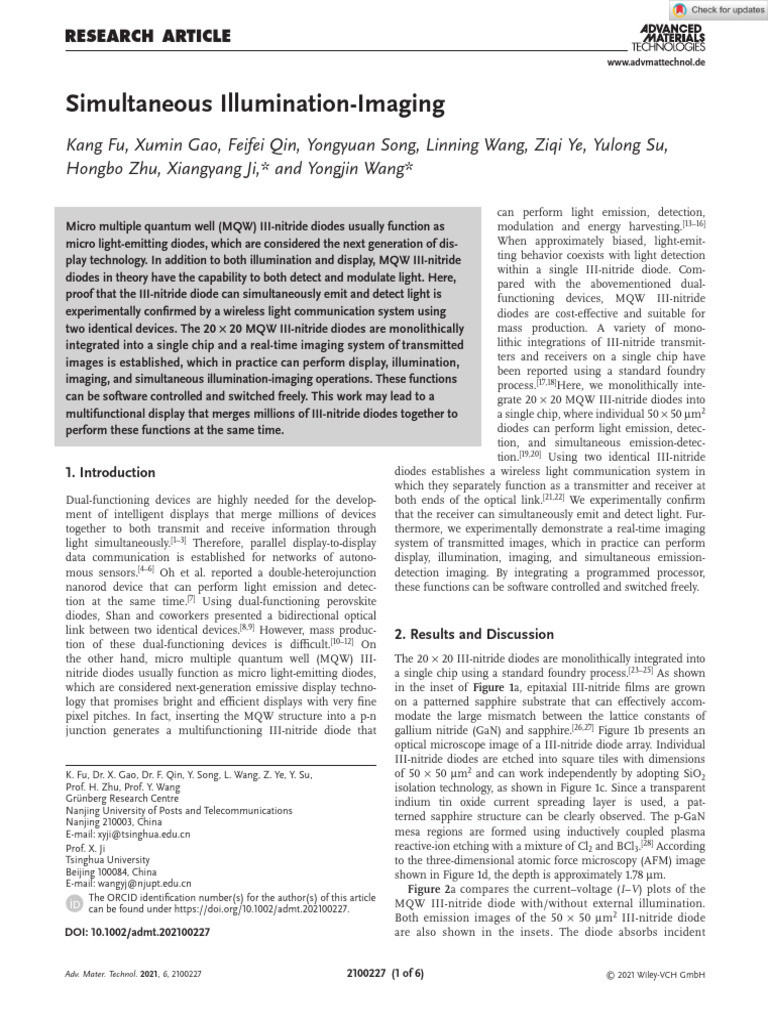Adv Materials Technologies - 2021 - Fu - Simultaneous Illumination Imaging | PDF | Diode | Optics