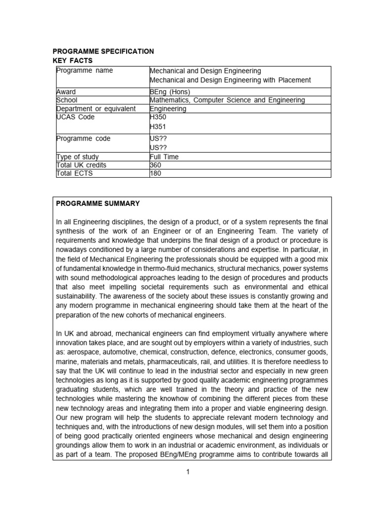 BEng Hons Mechanical and Design Engineering | PDF | Educational Assessment | Engineering