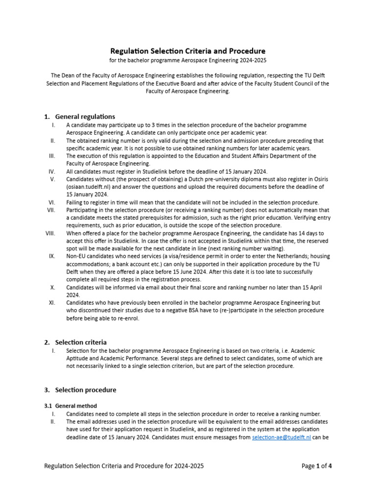 Regulation Selection Criteria and Procedure 2024-2025 | PDF