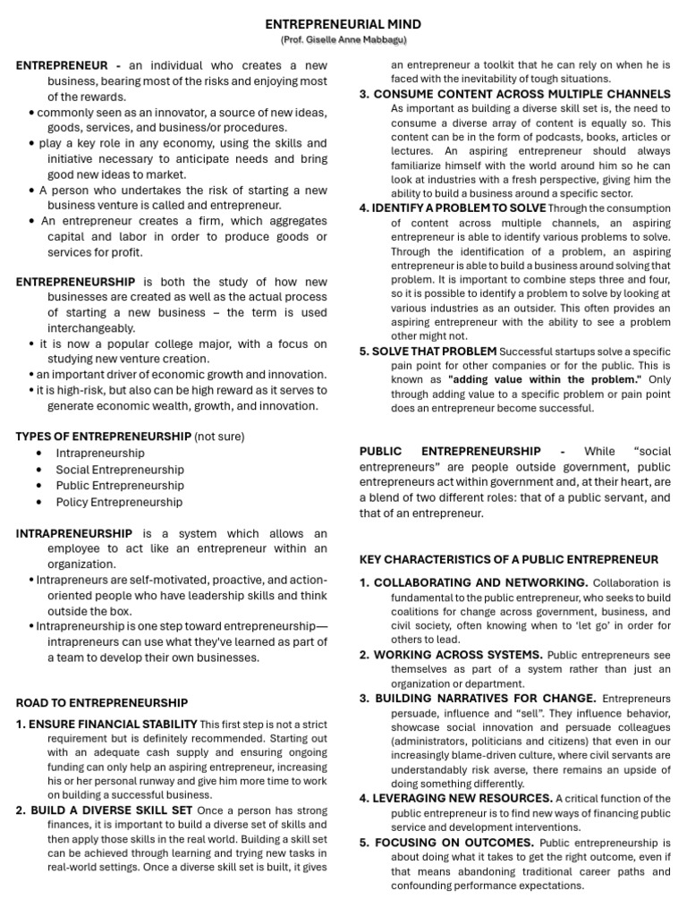 Entrep Mind Reviewer | PDF | Entrepreneurship | Risk