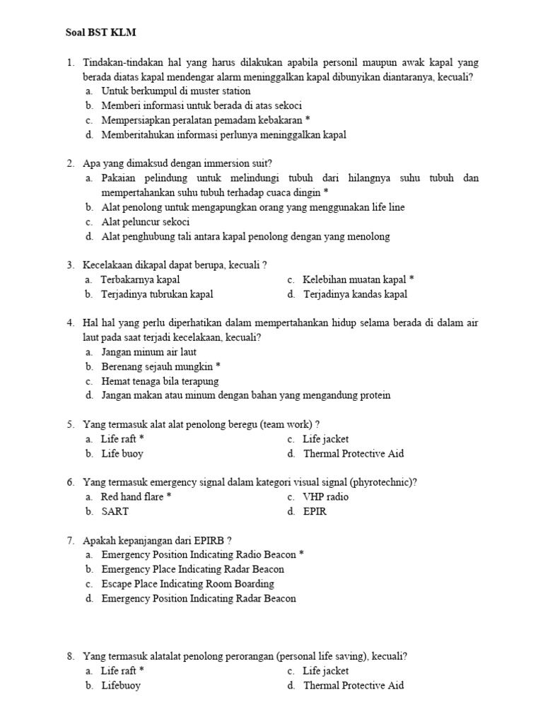 Soal Basic Safety Training (BST KLM) | PDF