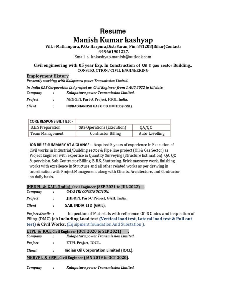 Manish Civil Engg CV | PDF | Specification (Technical Standard ...