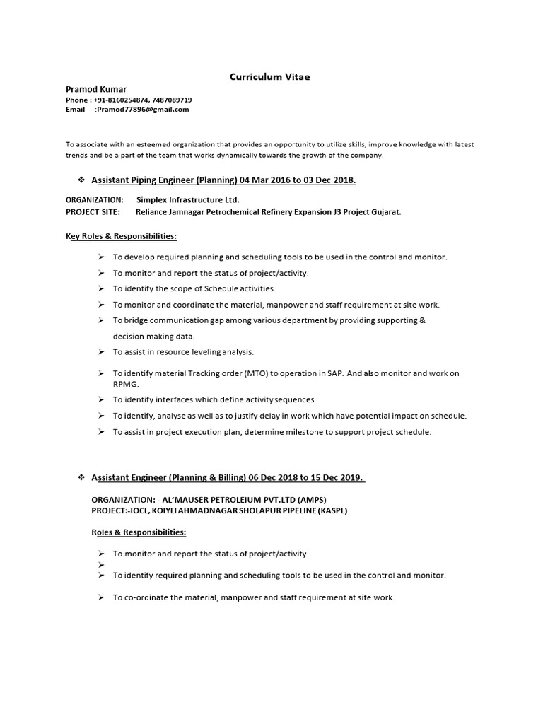 Pramod CV (Planning & Billing Engineer) | PDF Pramod CV (Planning & Billing Engineer) | PDF