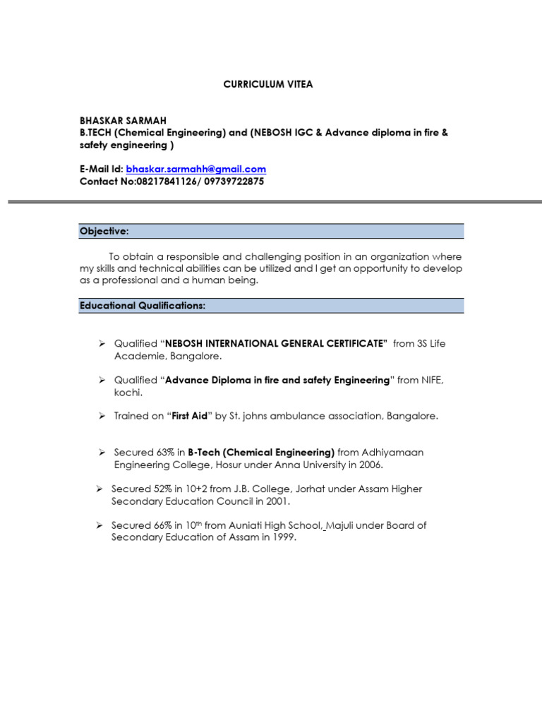 Bhaskar Sarmah: Safety Engineer CV | PDF | Safety | Consultant