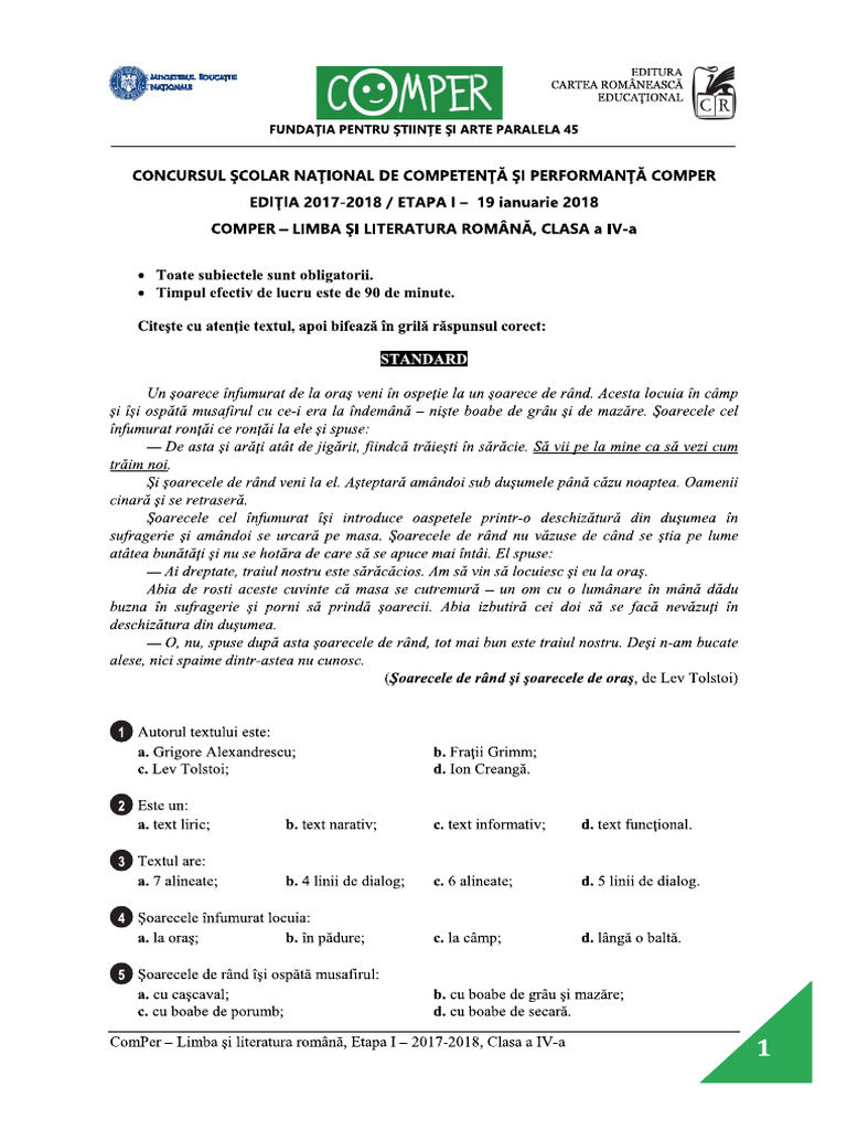 Subiect Comper Romana EtapaI 2017 2018 ClasaIV | PDF