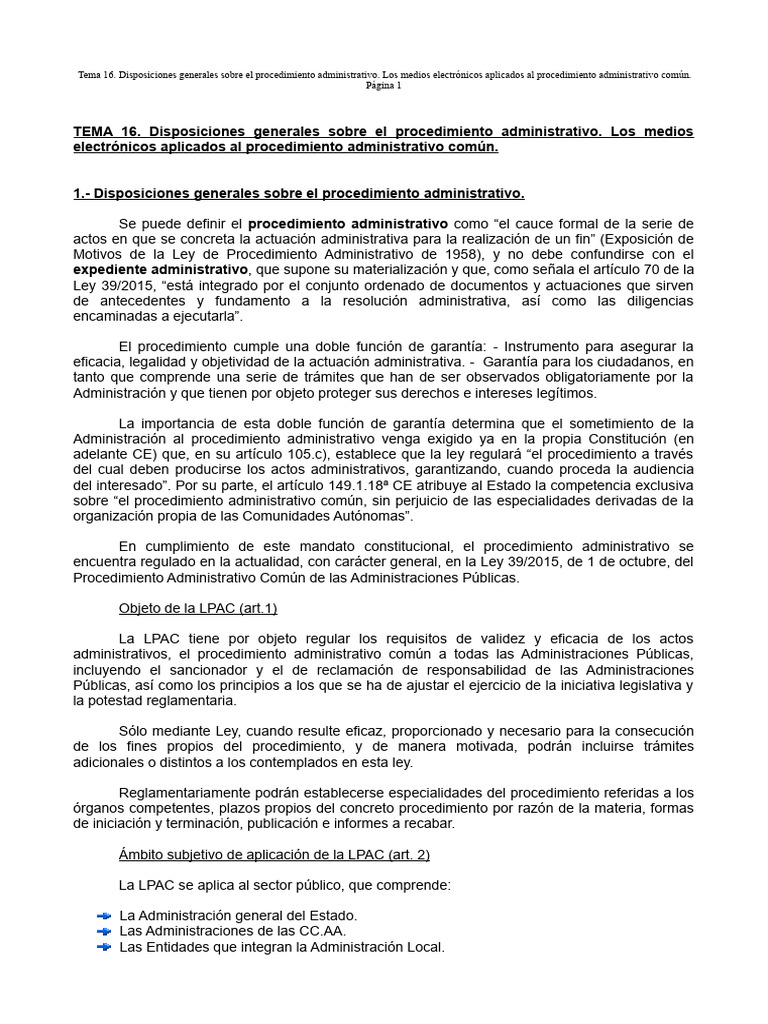 Tema 16. Disposiciones Generales Sobre El Procedimiento Administrativo. Los Medios Electrónicos ...