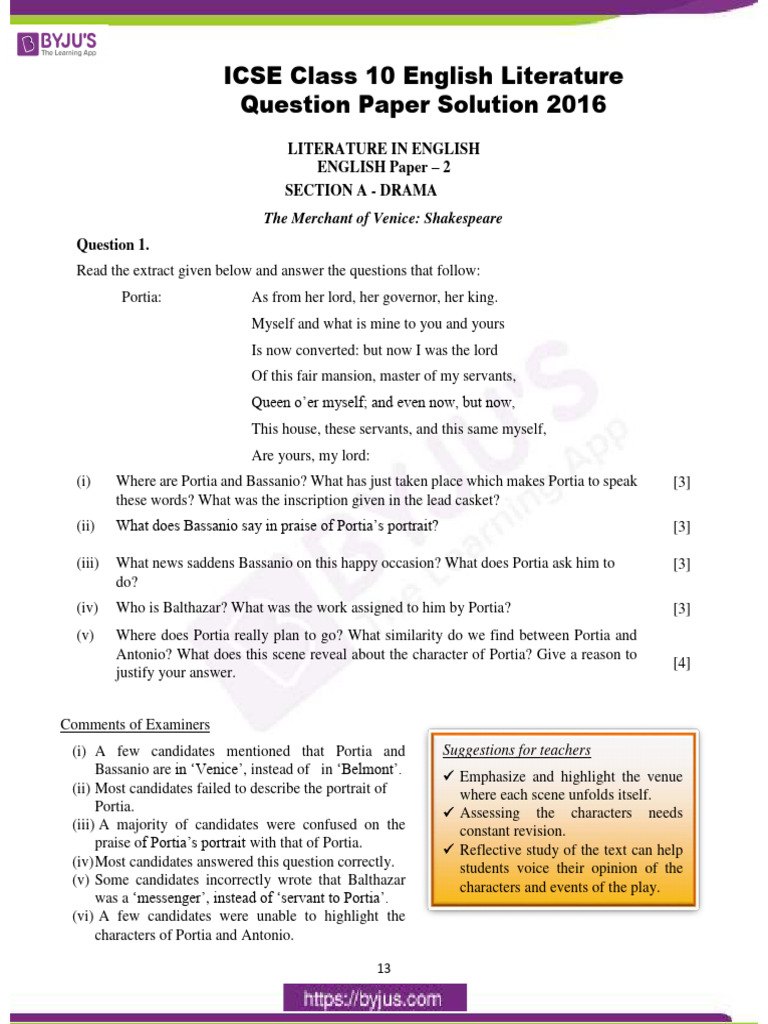 ICSE Class 10 English Literature Question Paper Solution 2016 | PDF