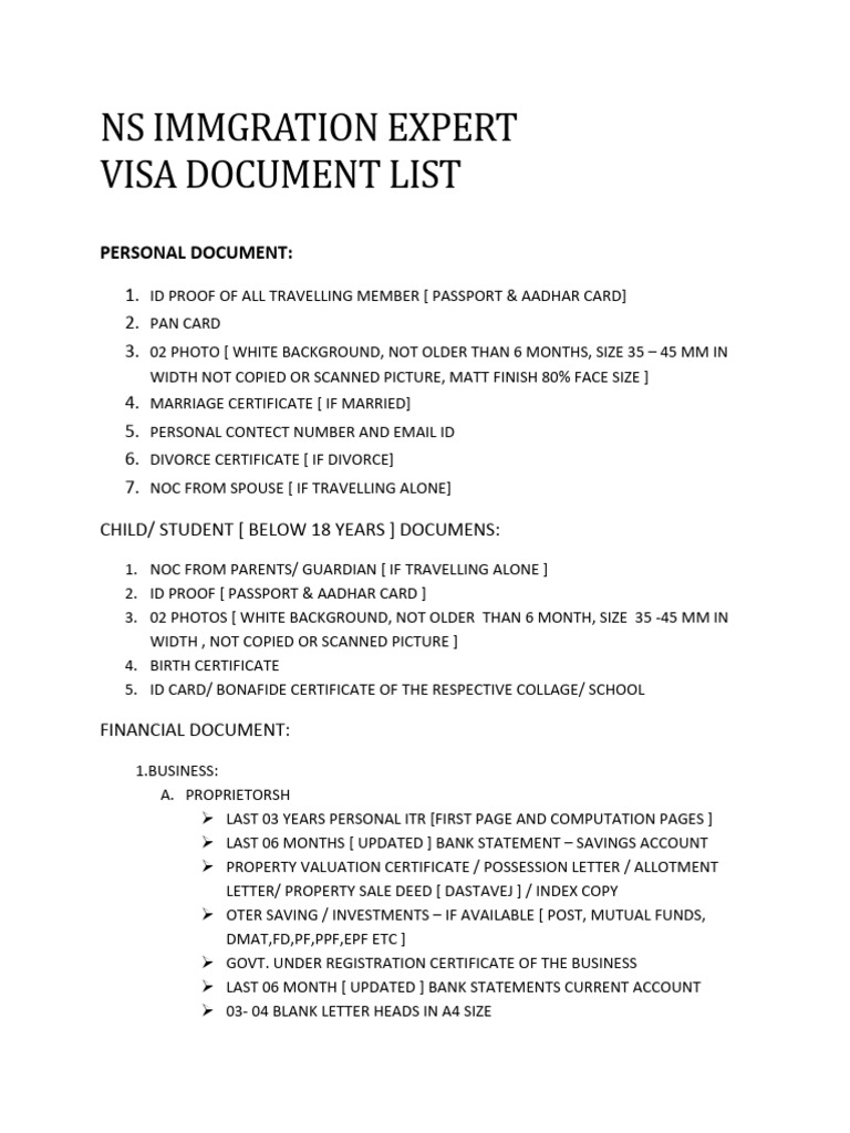 VISITOR VISA DOCUMENT LIST | PDF | Birth Certificate | Government And Personhood