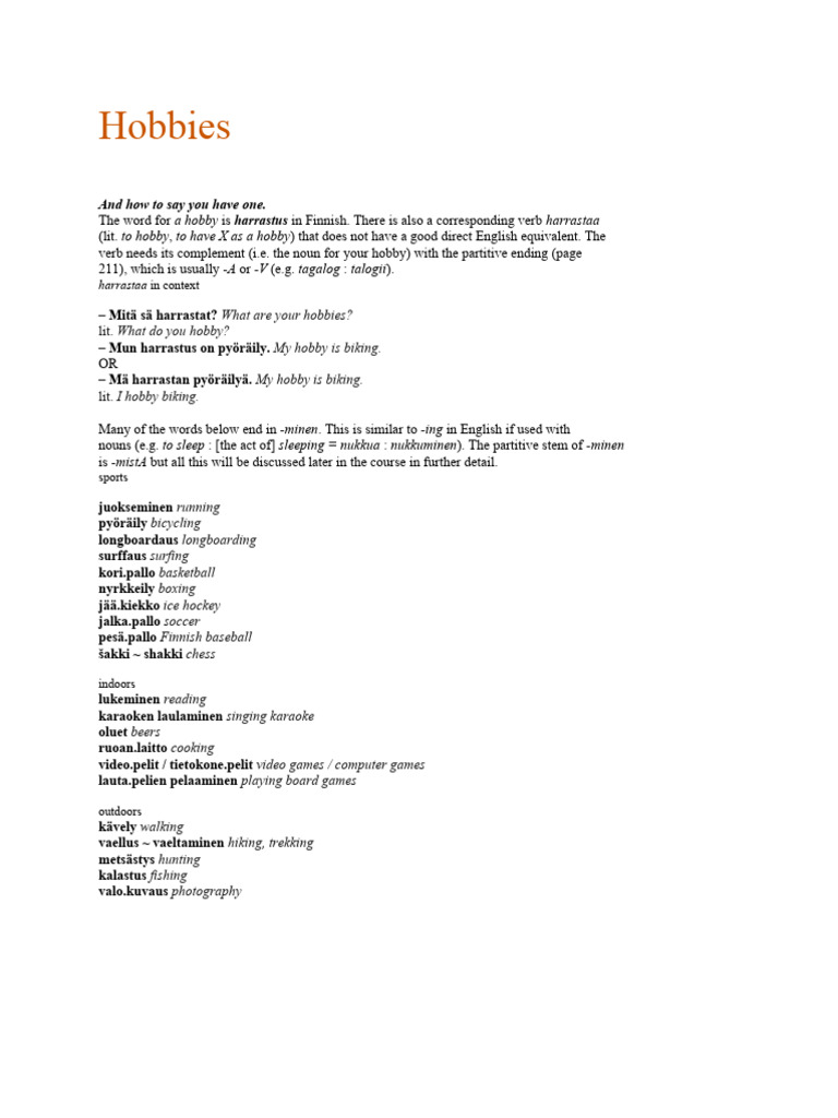 Hobbies in Finnish | PDF