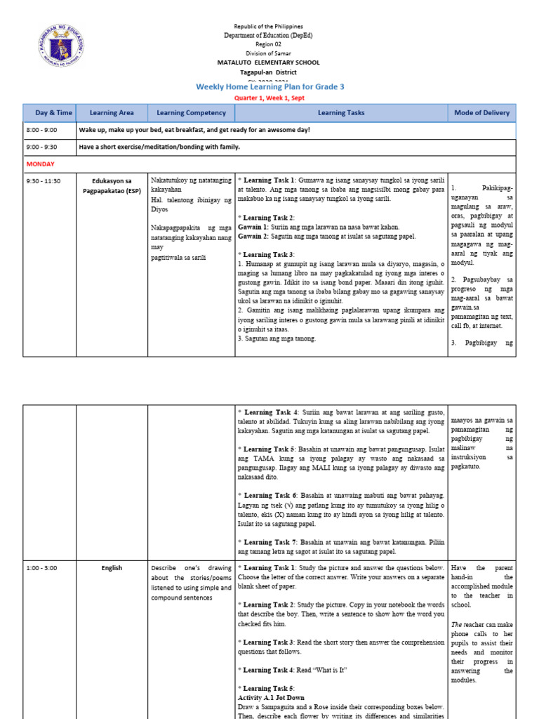 Grade 3 All Subjects WHLP q1 w1 | PDF