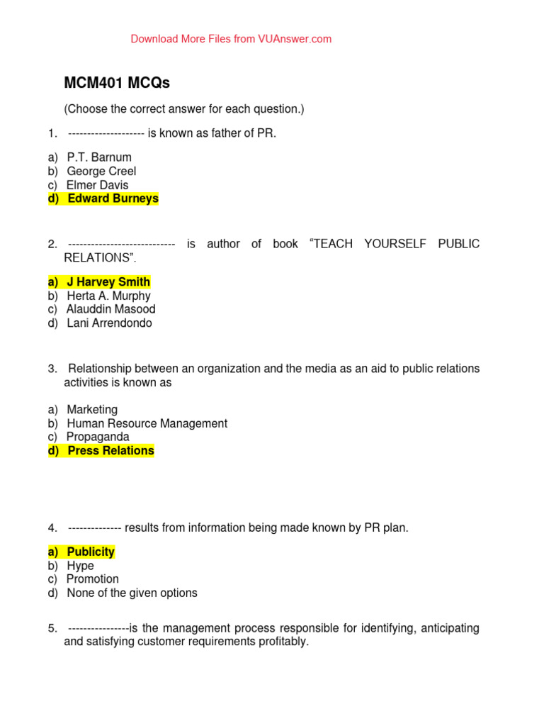 MCM401 MCQs | PDF | Public Relations | Communication