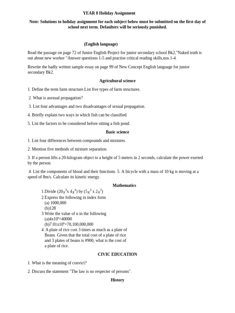 YEAR 8 Holiday Assignment | PDF