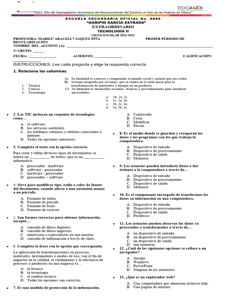 Extraordinario Tecnologia 2° 22-23 Periodo 1 | PDF | Hardware de la computadora | Periférico