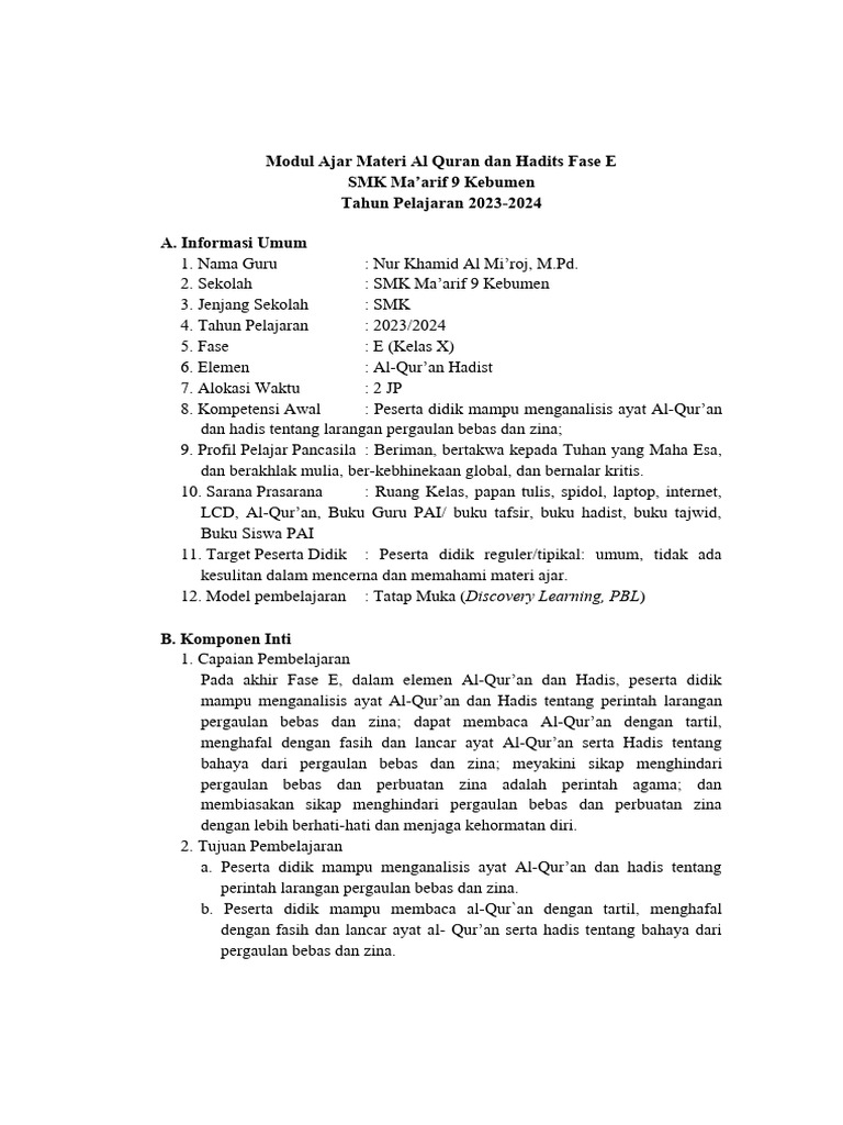 Modul Ajar Materi Al Quran Dan Hadits Fase E | PDF | Karier & Perkembangan