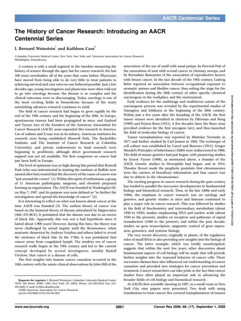 The History of Cancer Research: Introducing An AACR Centennial Series ...