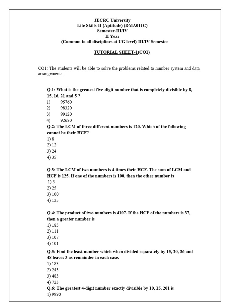 Life Skills-II (Aptitude) Prtice Sheet-1 (CO1) | PDF | Litre | Mathematics
