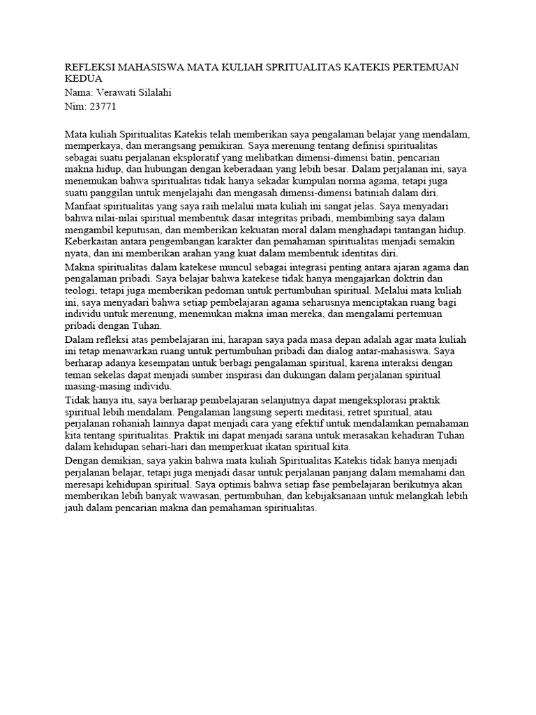 Refleksi Mahasiswa Mata Kuliah Spritualitas Katekis Pertemuan Kedua | PDF