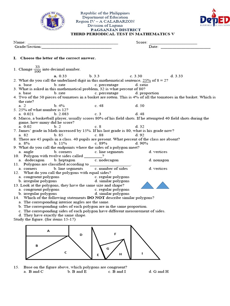Grade 5 Third Periodical Math Test | PDF | Shape | Polygon