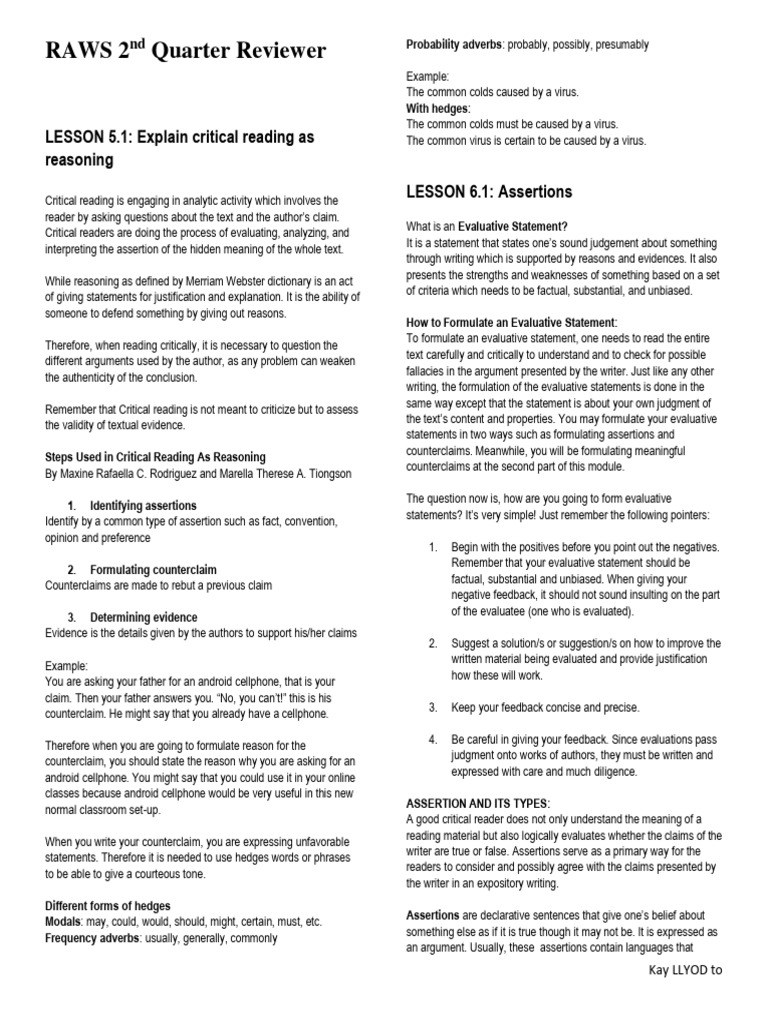 RAWS 2Q-Reviewer Ready2Print | PDF | Argument | Reason