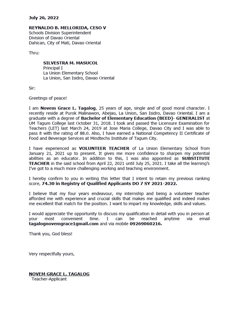 Teacher Application and Intent Letter | PDF | Teachers | Affidavit