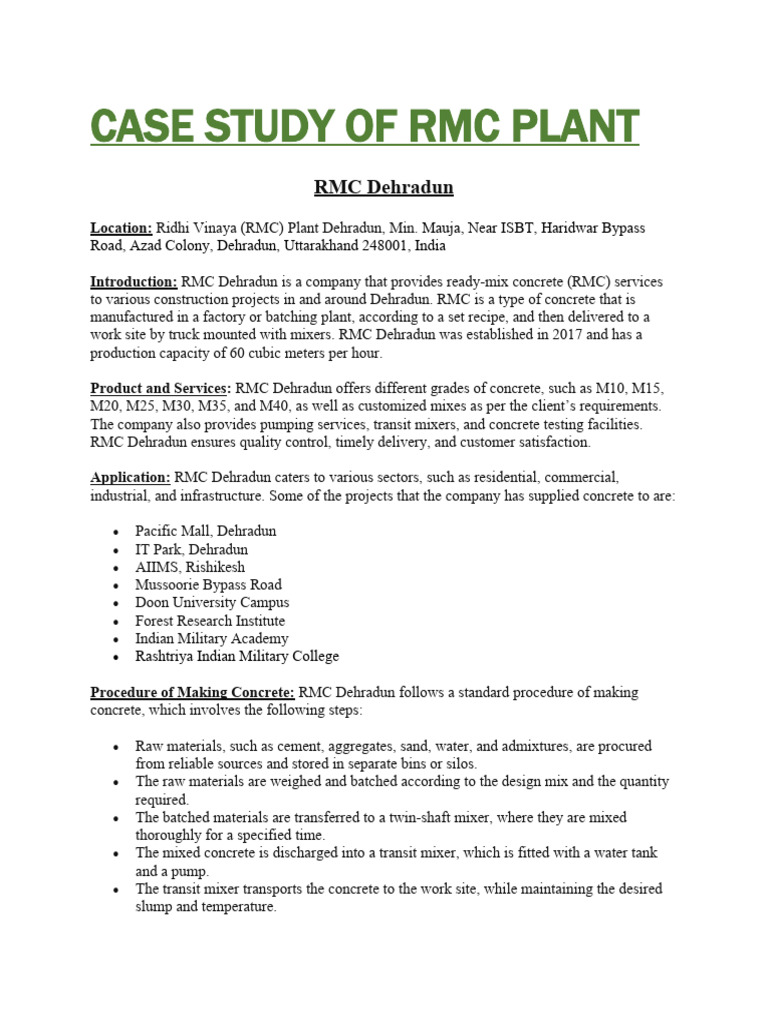 CASE STUDY OF RMC PLANT Report 1 | PDF | Concrete