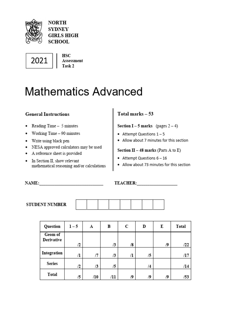 NSGHS HSC 2021 Adv Task2 | Download Free PDF | Mathematical Concepts | Mathematical Analysis