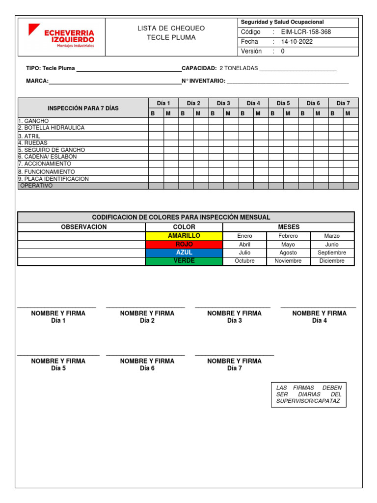 EIM-LCR-158-368 Lista de Chequeo Tecle Pluma Rev. 0 | PDF
