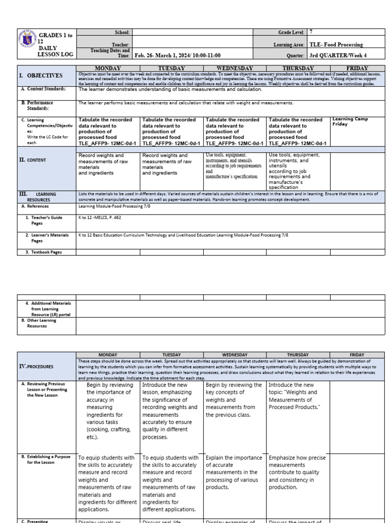 Food Processing DLL 1 Week 3 | PDF | Educational Assessment | Learning