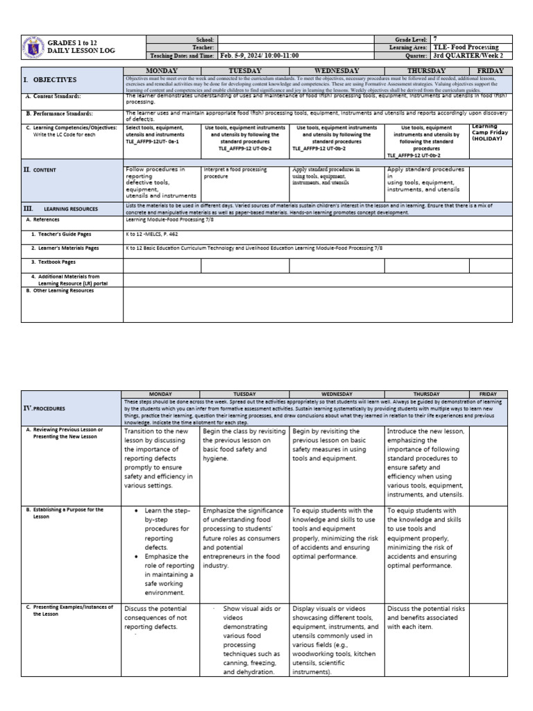 Food Processing DLL 1 Week 2 | PDF | Learning | Risk