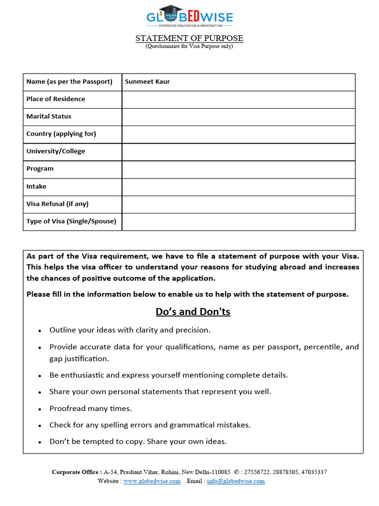 2021-SOP (Globedwise) Questionnaire For Visa Purposes | PDF | Academic ...