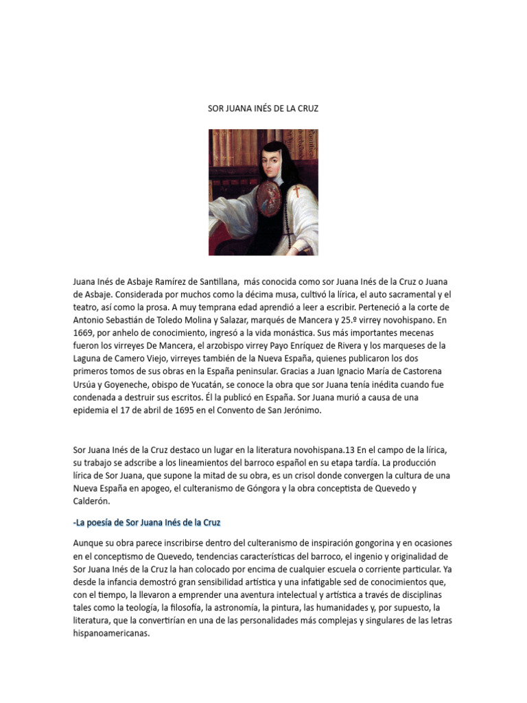 Vida y obra de Sor Juana Inés de la Cruz | PDF