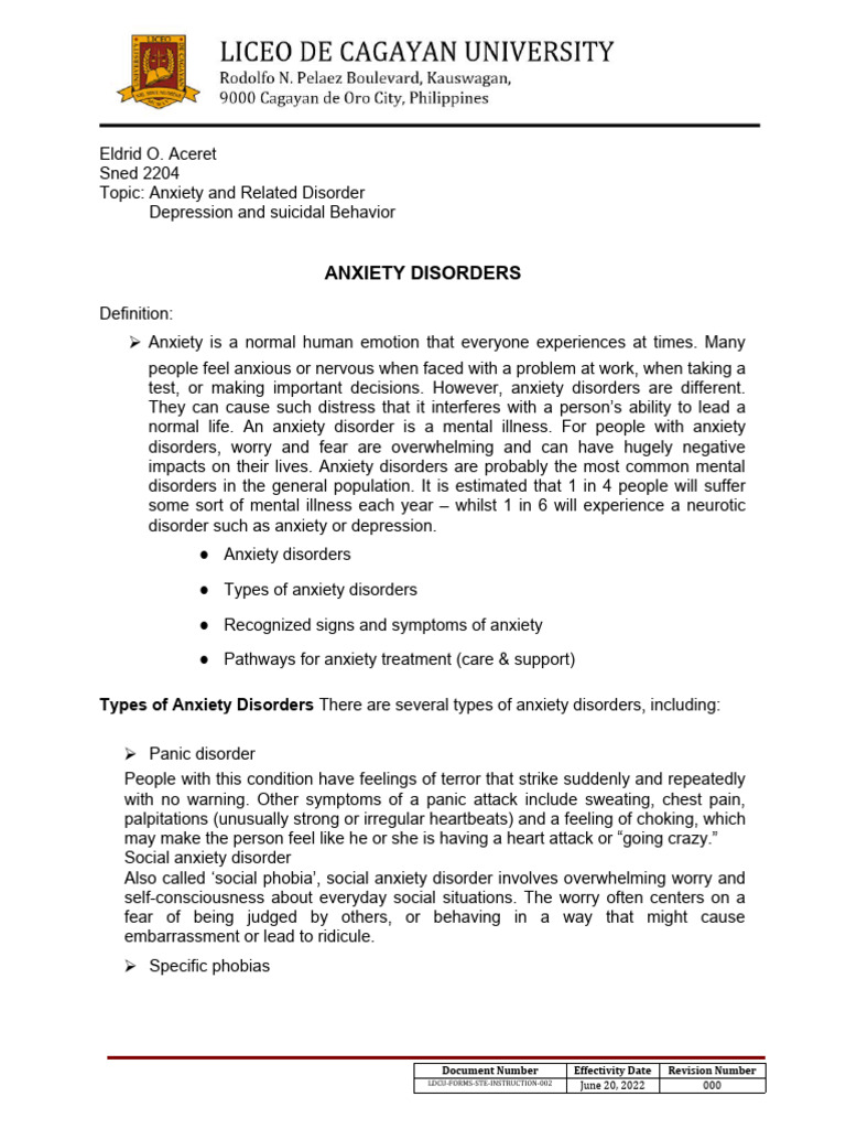 Anxiety Disorder and Depression-Report Outline | PDF | Anxiety Disorder ...