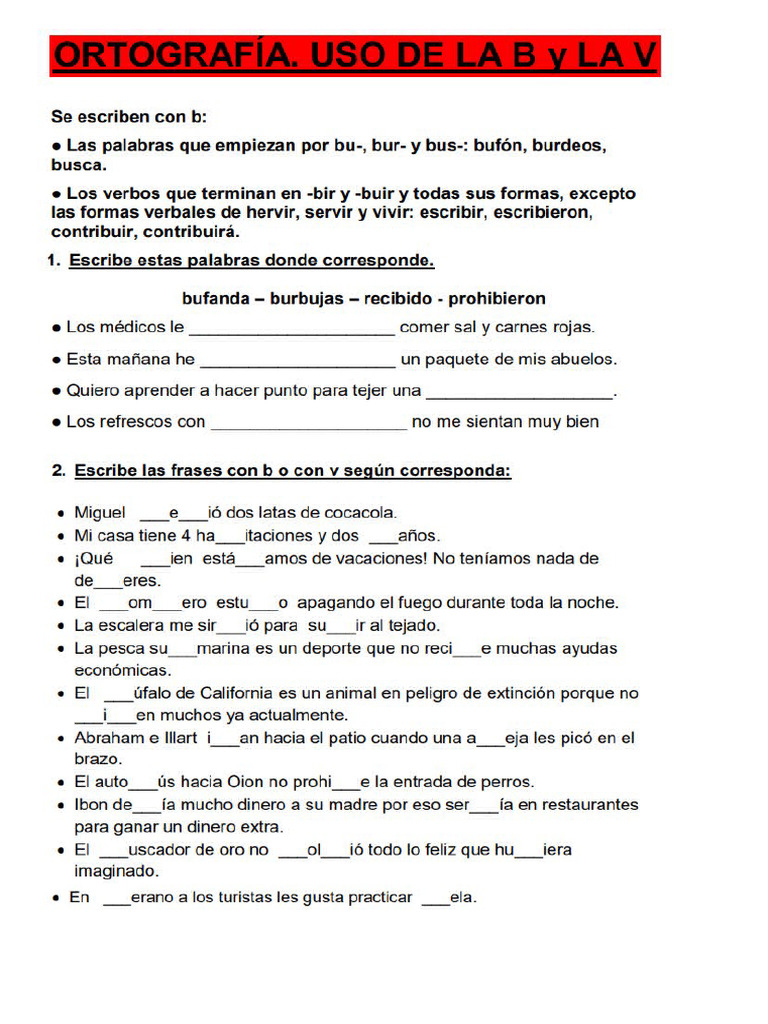 Uso de B y v. Regla y Ejercitacion de Ortografia | PDF