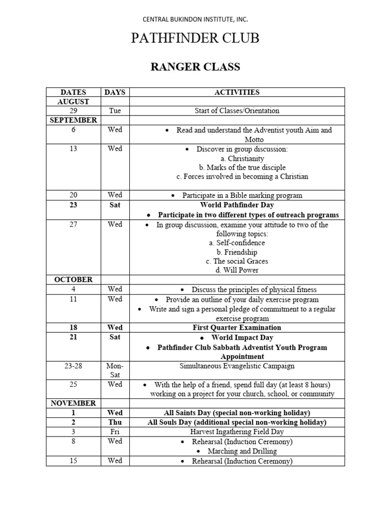Explorer Class Calendar of Activities | PDF