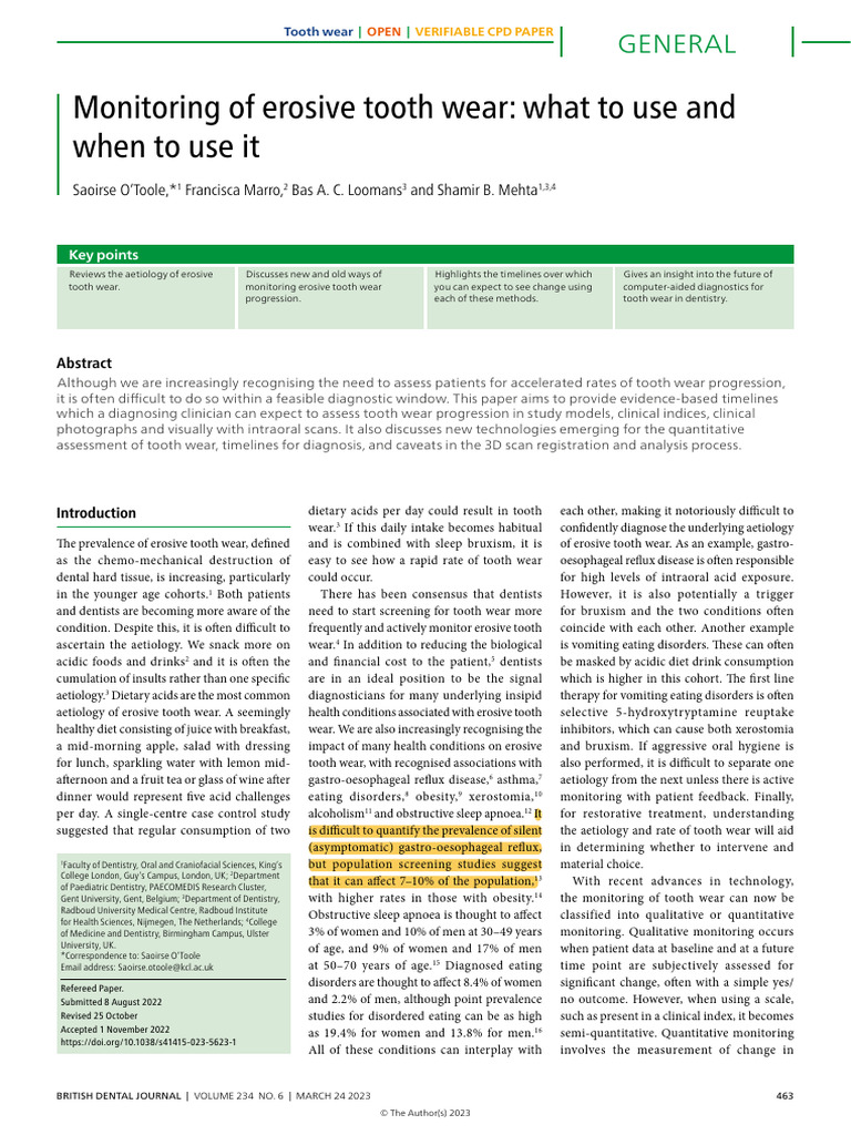Erosive Tooth Wear Monitoring Methods | PDF | Dentistry | Medical Diagnosis
