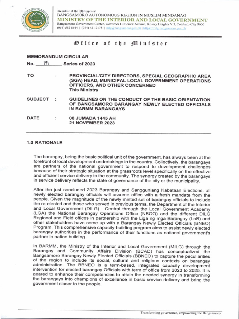 MC No 171 Re Guidelines On The Conduct of The Basic Orientation | PDF