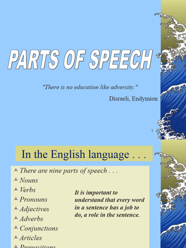 Nine Parts of Speech in English Nouns Verbs Pronouns Adjectives Adverbs ...