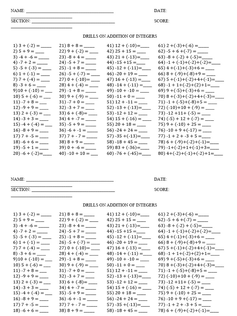 Addition of Integers Drills | PDF