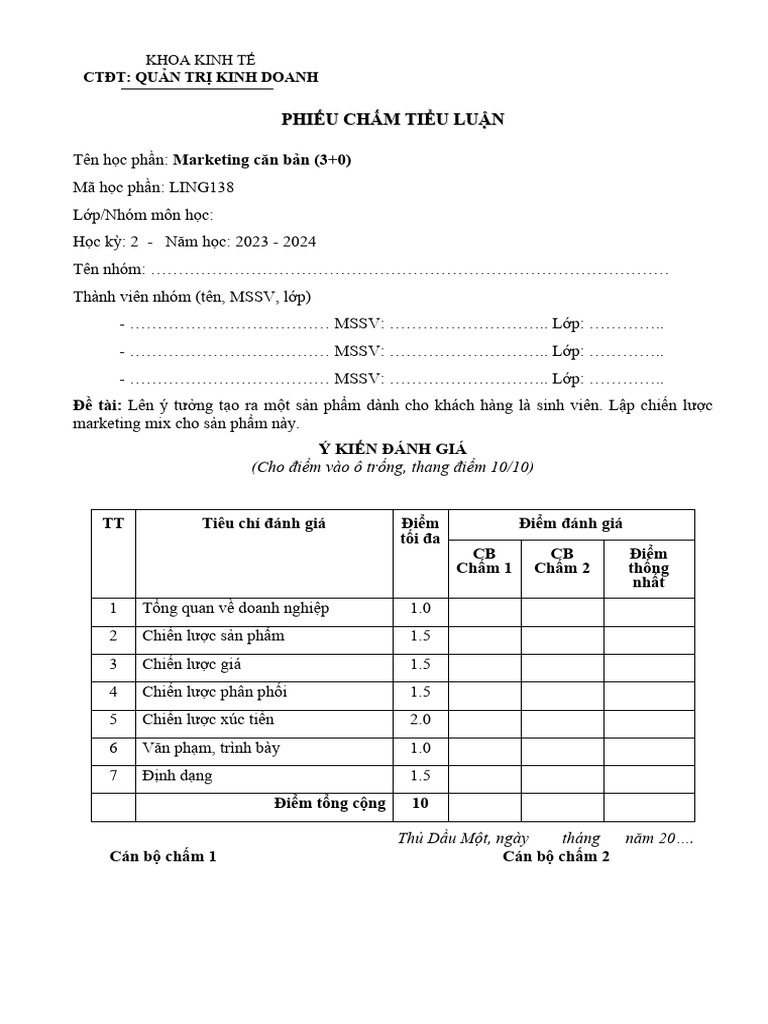 Phieu Cham Rubric Tieu Luan | PDF