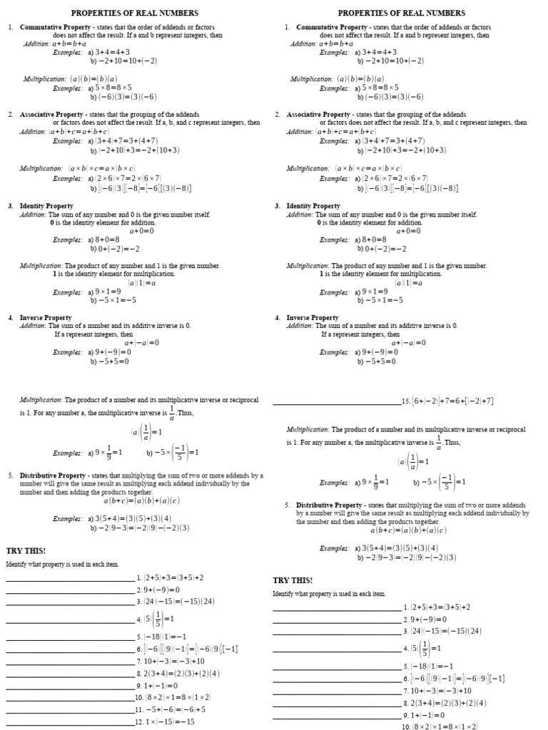 Properties of Real Numbers 2 | PDF | Multiplication | Mathematical Concepts
